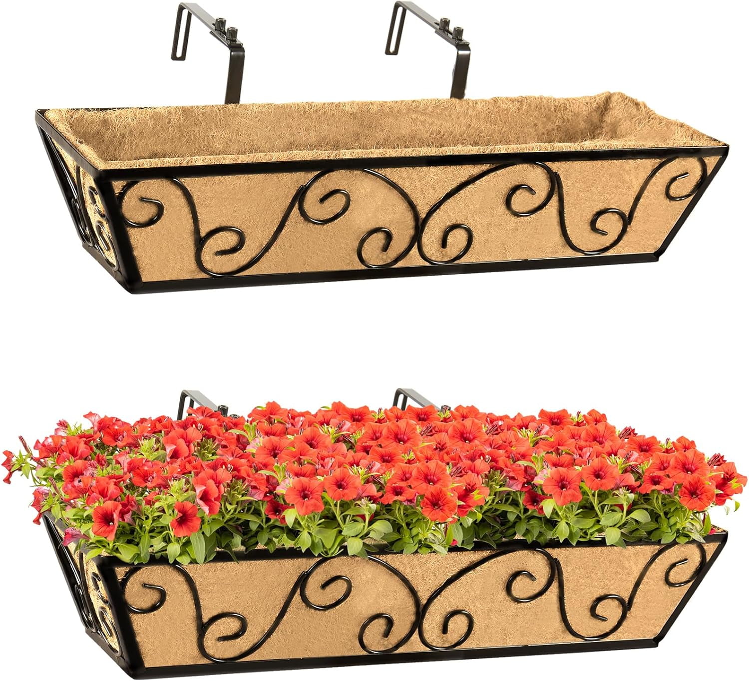 24 Inch Window Deck with Coco Liner, Fence Metal Hanging Flower Planter ...