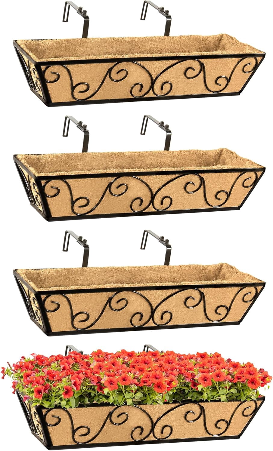 24 Inch Window Deck with Coco Liner, Fence Metal Hanging Flower Planter ...