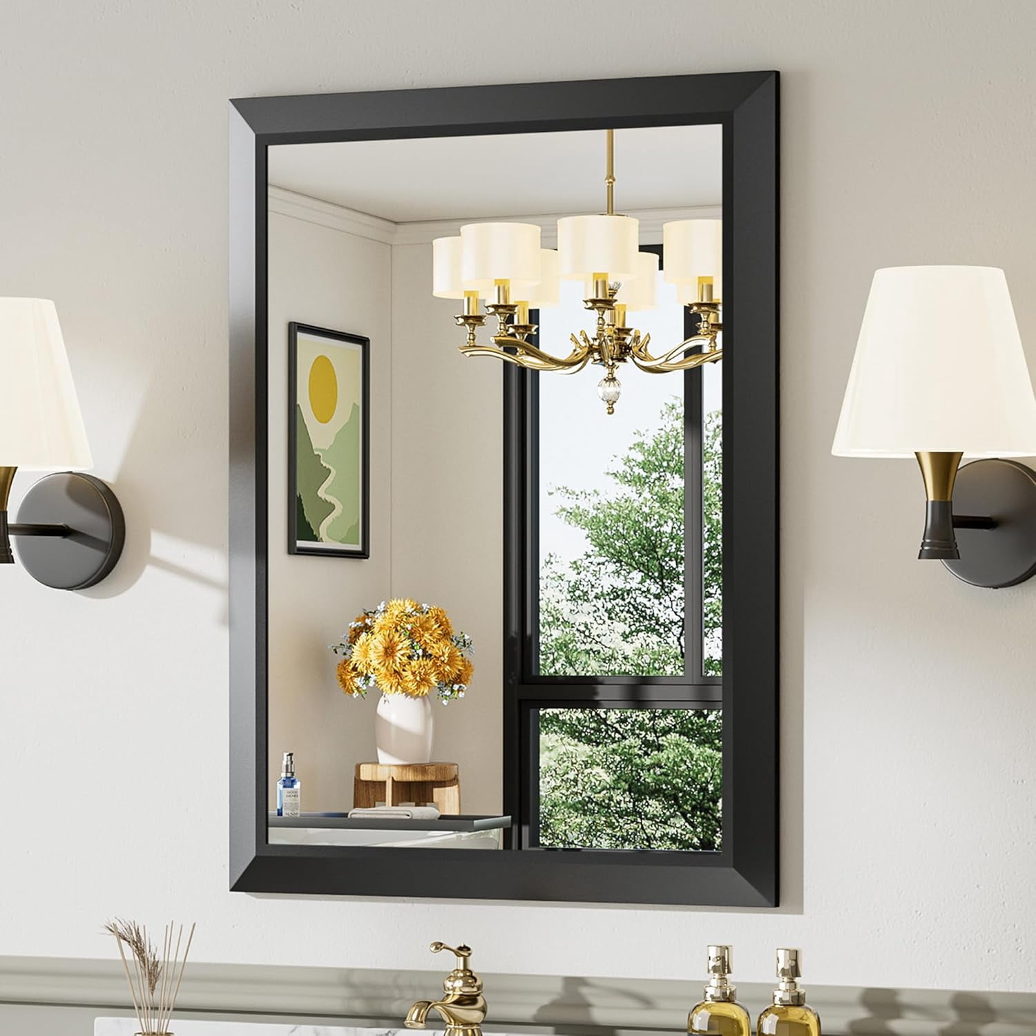 24 Inch by 32 Inch Black Metal Framed Rectangle Bathroom Mirror with ...