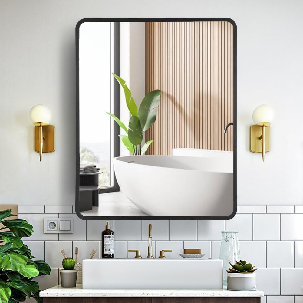 24 Inch x 30 Inch Black Metal Framed Bathroom Mirror Medicine Cabinet ...