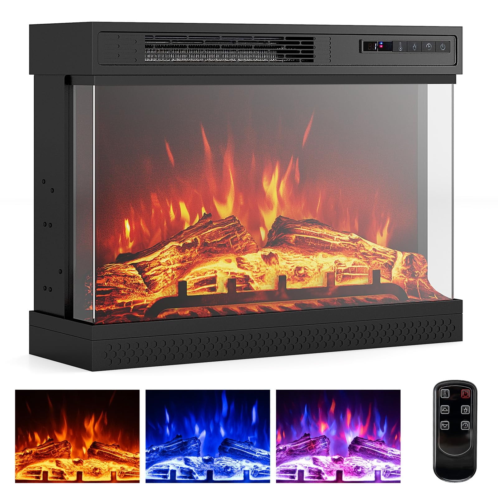 24 Inches 3-Sided Glass Electric Fireplace Heater with Remote Control ...