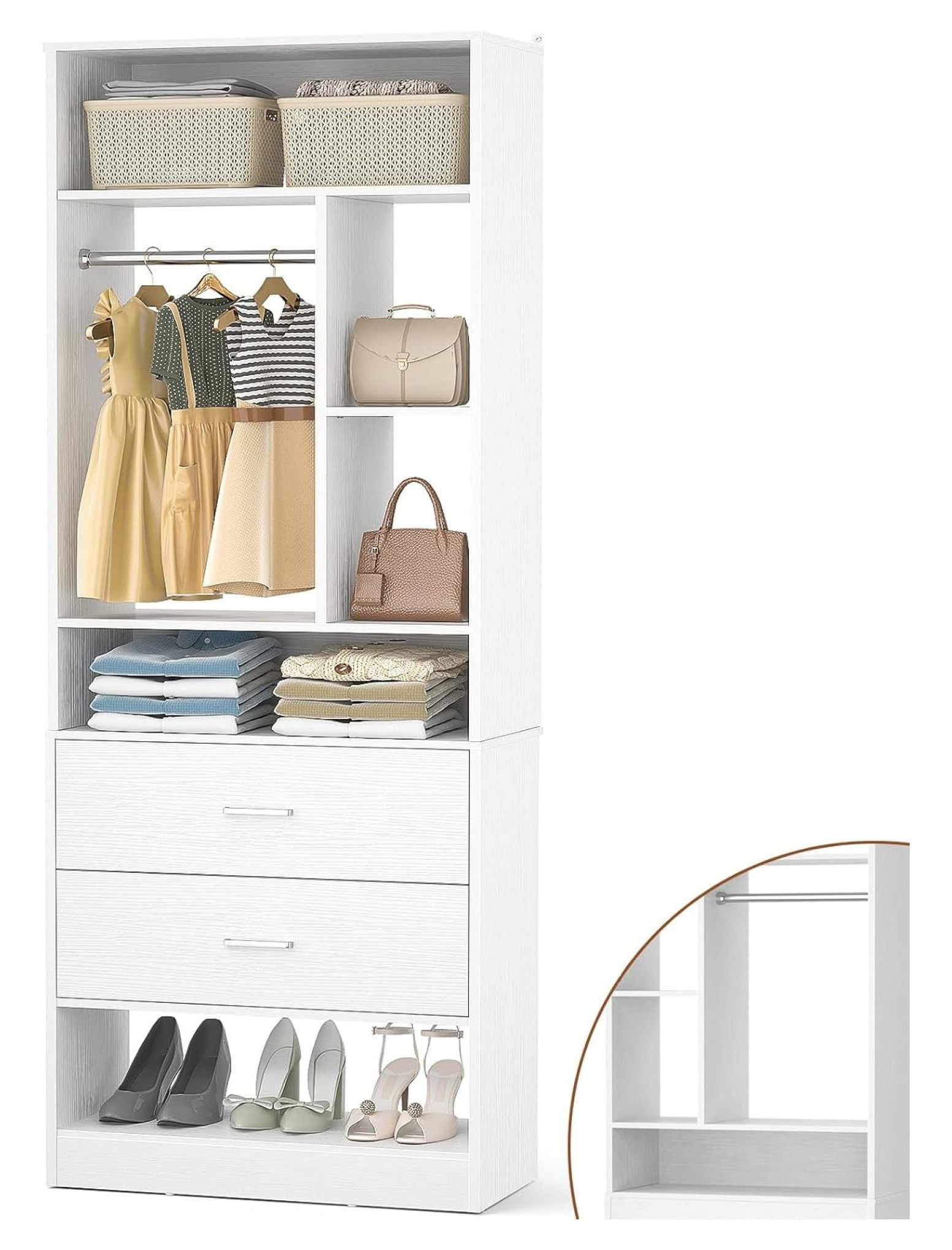 24 Inches Closet System with 2 Wood Drawers, 2FT Small Closet Organizer ...