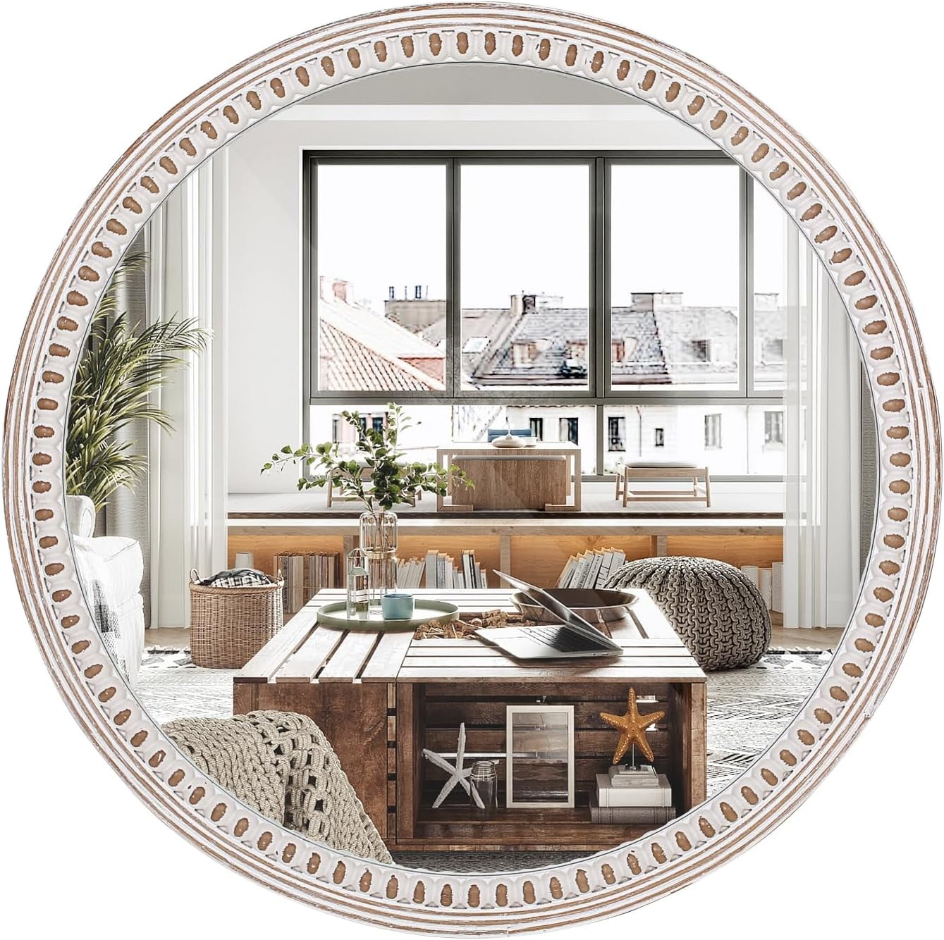 24 Inches Decorative Mirror Wood Round Mirrors with Bead, Farmhouse ...