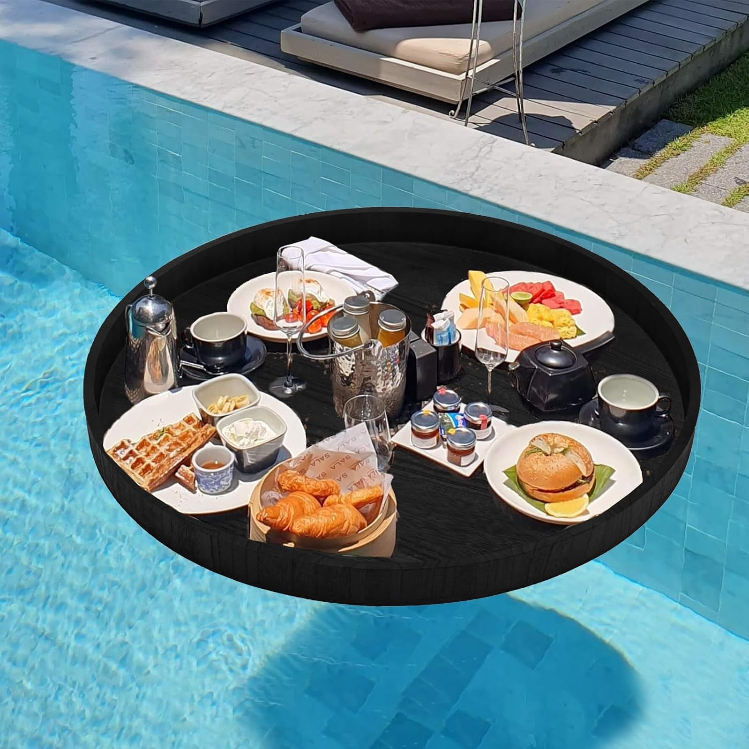 24 Inches Extra Large Round Solid Wood Serving Tray, Classic Tea Coffee ...