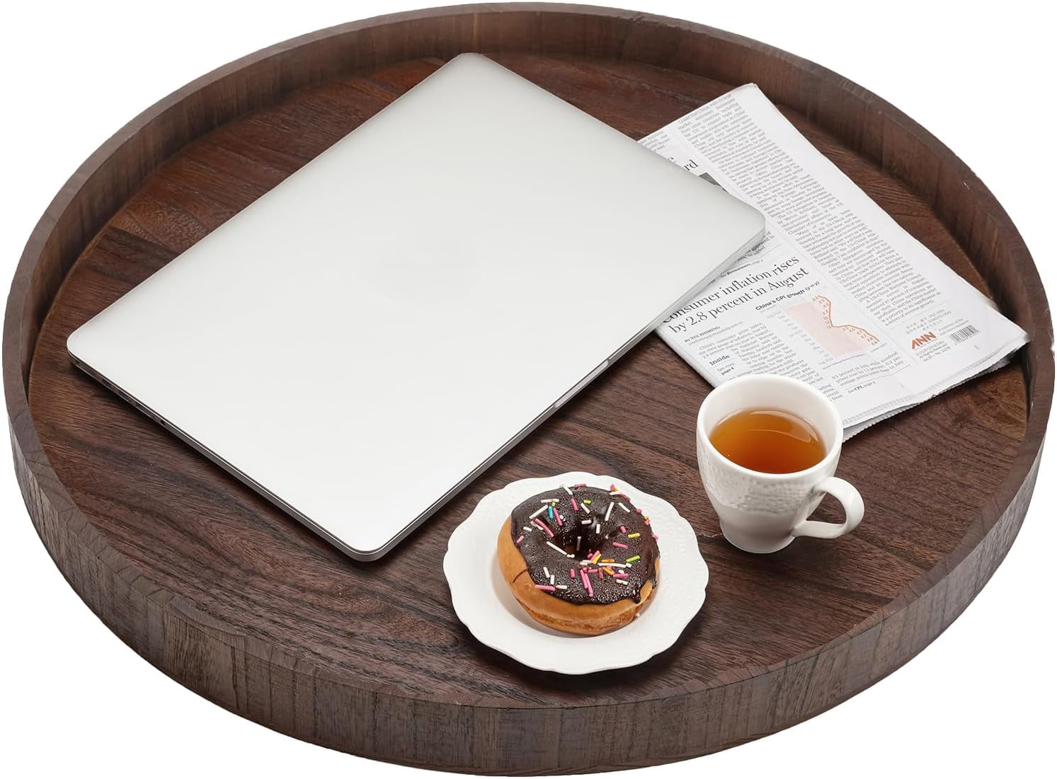 24 Inches Extra Large Round Solid Wood Serving Tray, Classic Tea Coffee ...