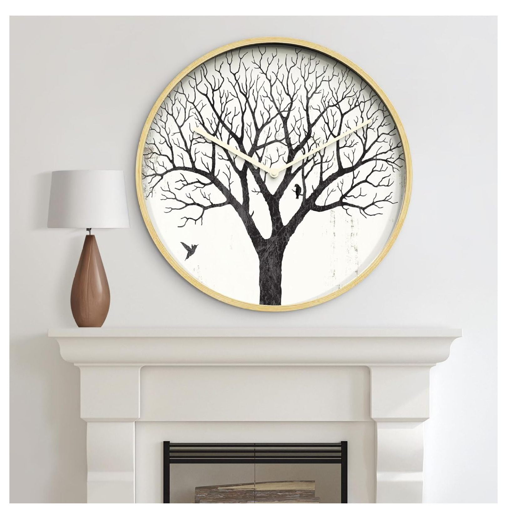 24 Inches Round Wooden Wall Clock Silent Battery Operated, Home ...
