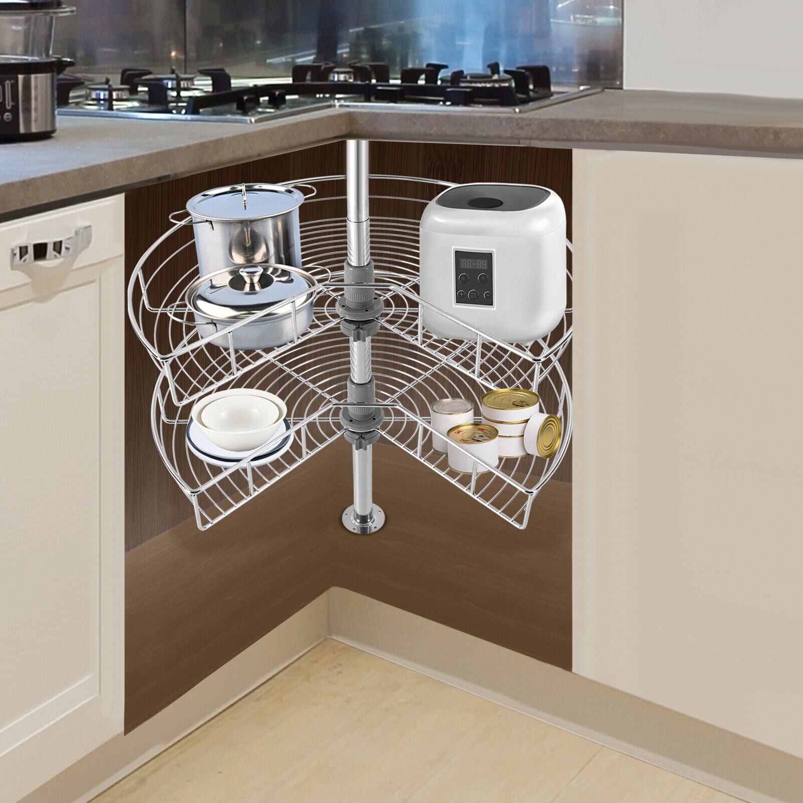 24" Kidney Chrome 2-Shelf Lazy Susan Kitchen Base Cabinet Corner ...