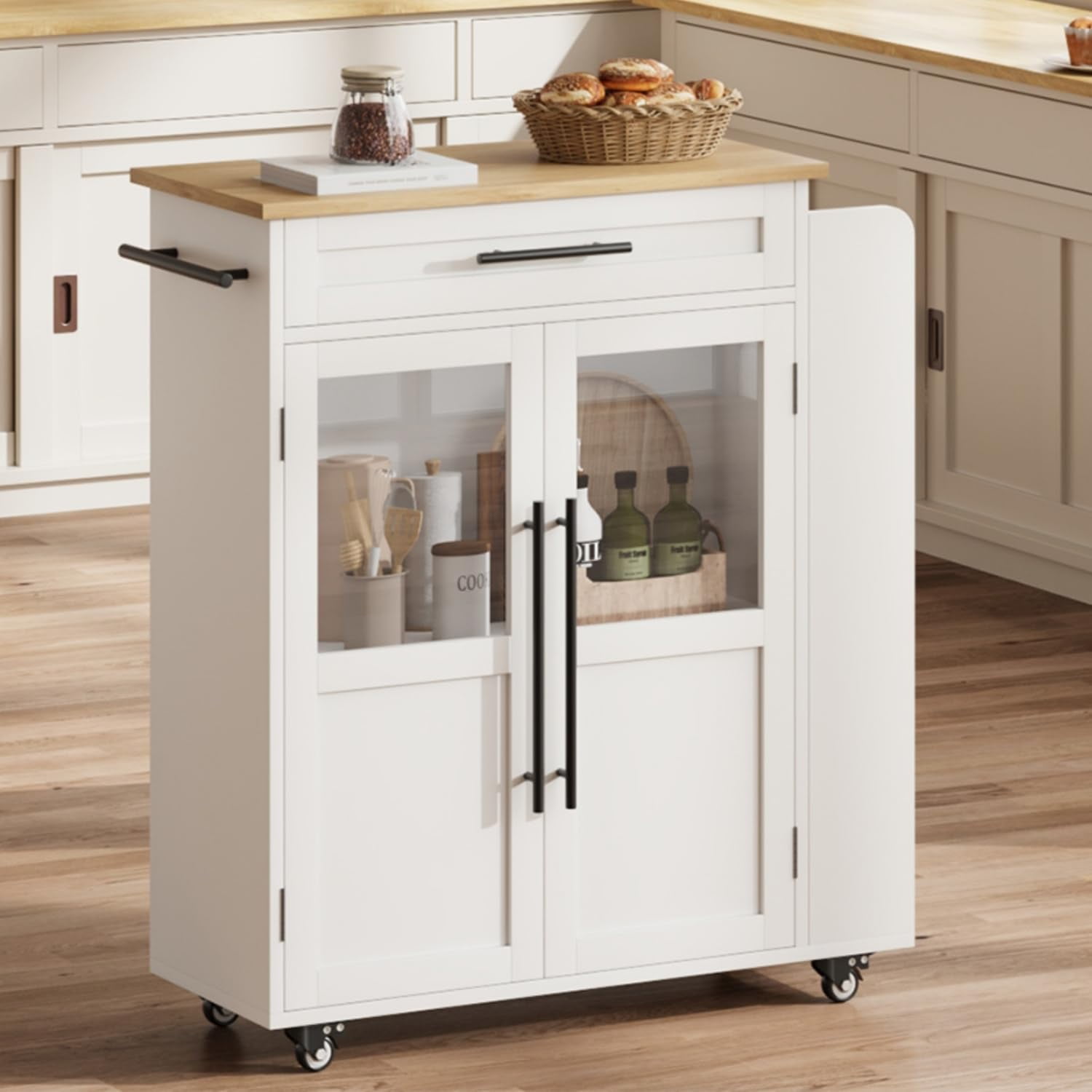 24" Kitchen Island, Multi-Functional Island Table with 2 Glass Door ...