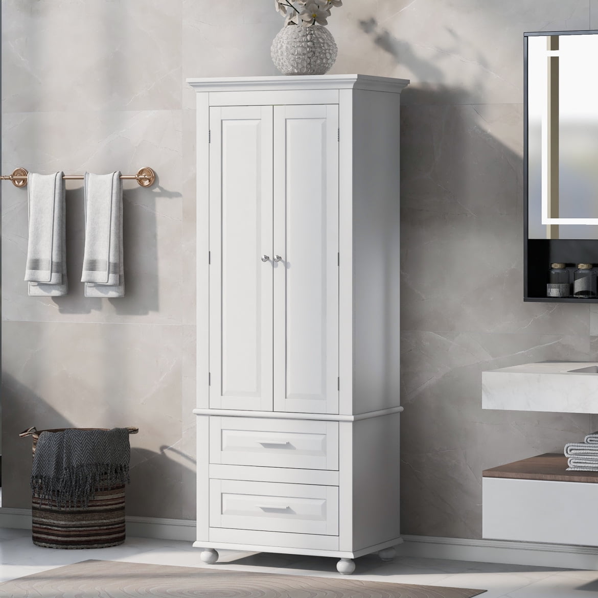 24 L X 15.3 W X 62.5 H Tall Storage Cabinet With 1 Double Door Cabinet And 2 Drawers Modern Freestanding Storage Cabinet With Internal Adjustable Dividers For Bedroom Bathroom And Office White Walmart...