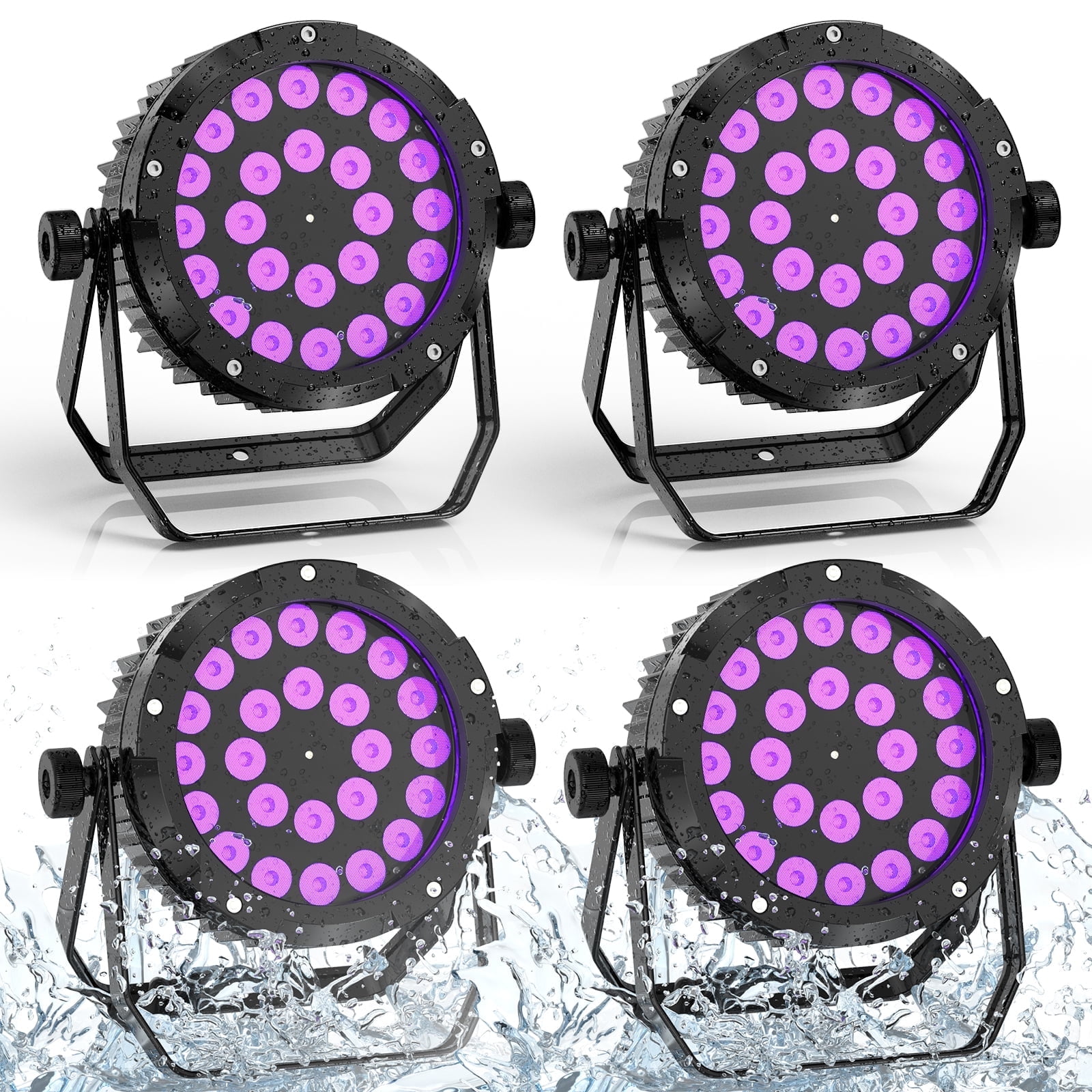 JAJALUYA Round 24LED Par Light 4-Pack - IP67 6-in-1 RGBWA+UV w/Sound ...