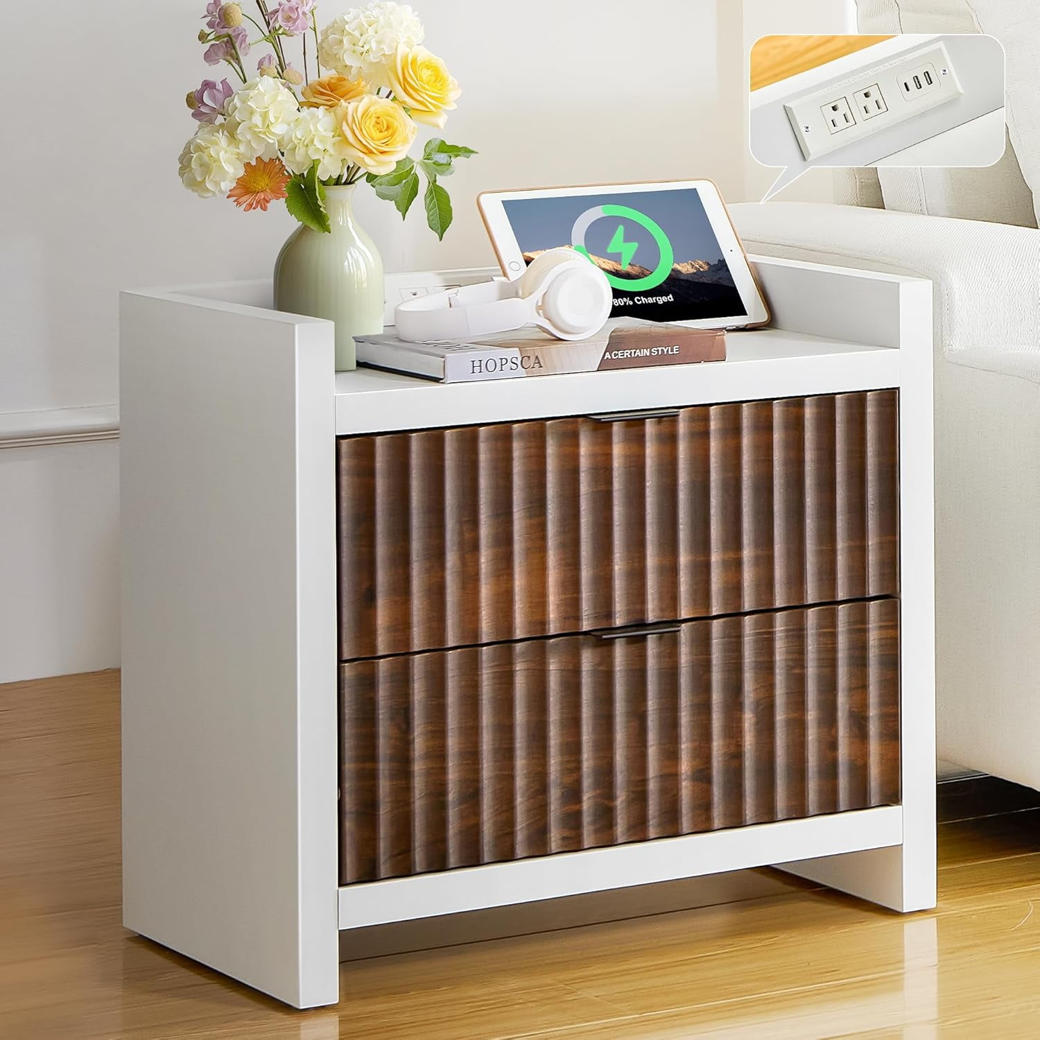 24" Large Night Stand Fluted Nightstand with Charging Station End Table ...