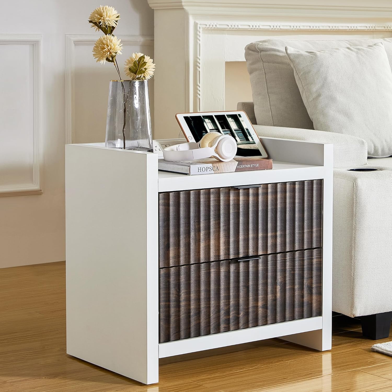 24" Large Night Stand Fluted Nightstand with Charging Station End Table ...