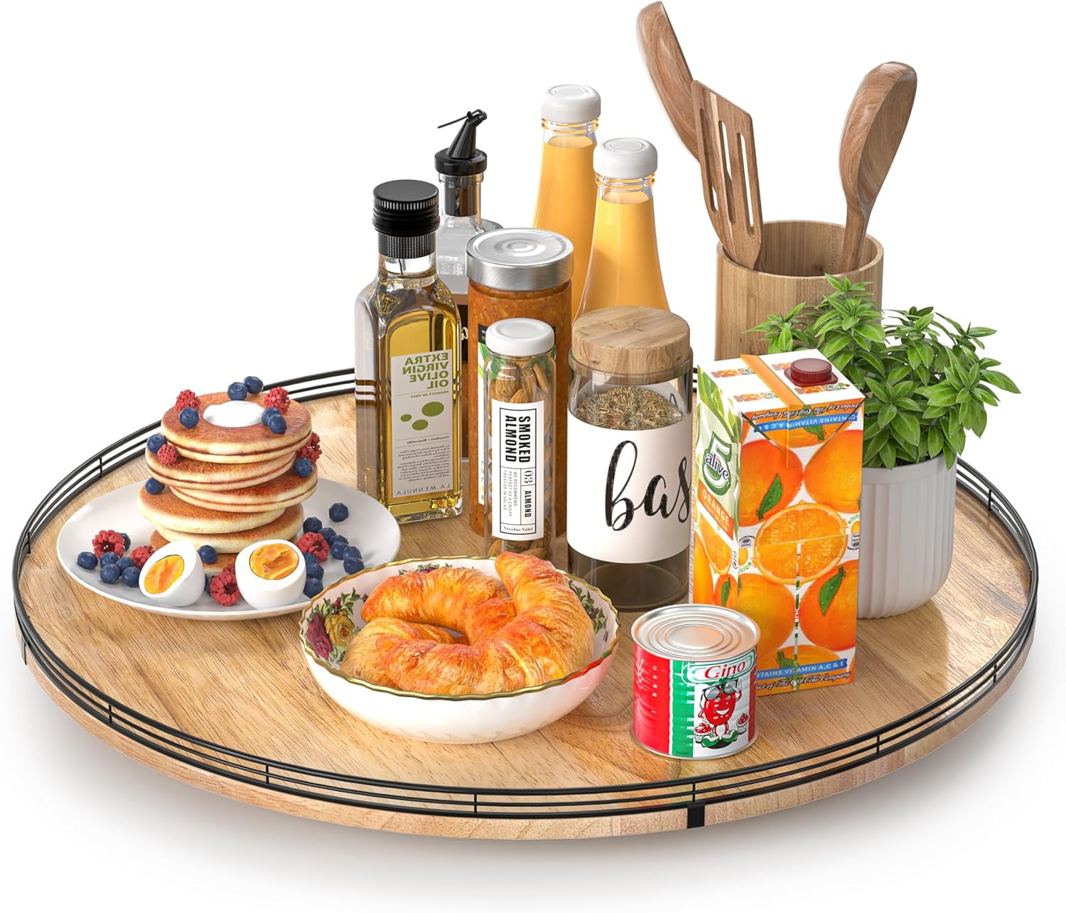 24" Lazy Susan Oak Wood Turntable Organizer for Cabinet, Round Wooden Large Lazy Susan ...