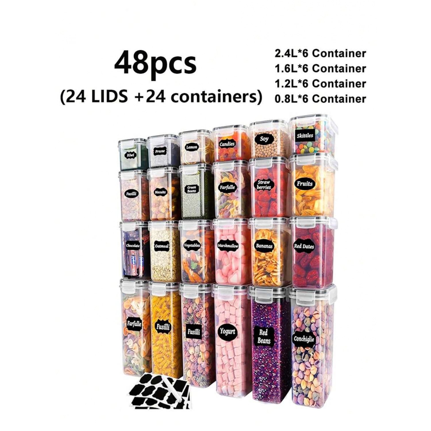 24 Lids+24 Container Food Jars And Jars,Plastic Kitchen Pantry Storage ...