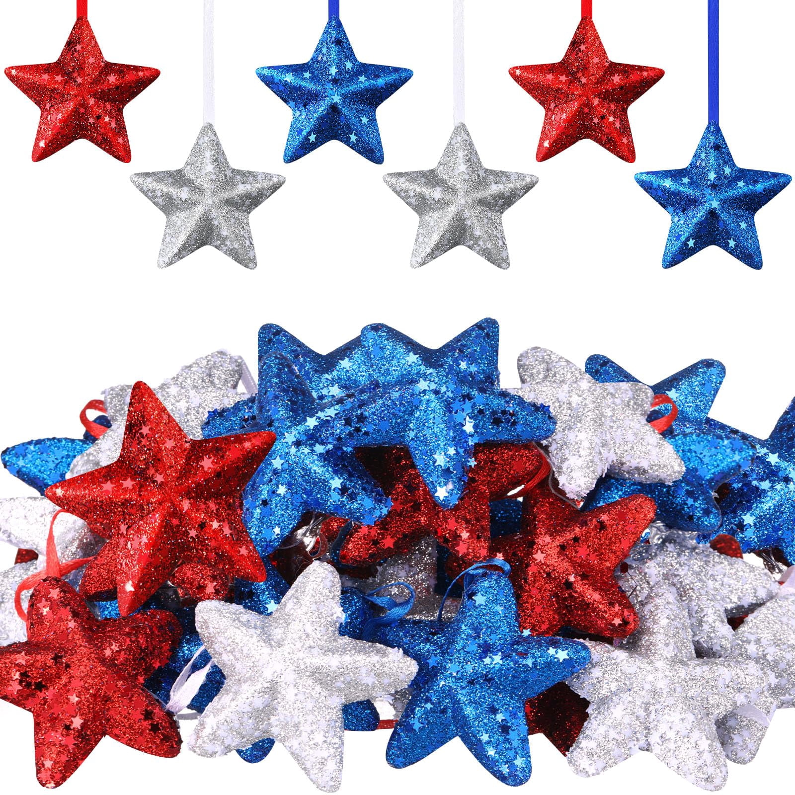 24 Lively Style Patriotic Hanging Ornaments, Red White Blue Star Decor ...