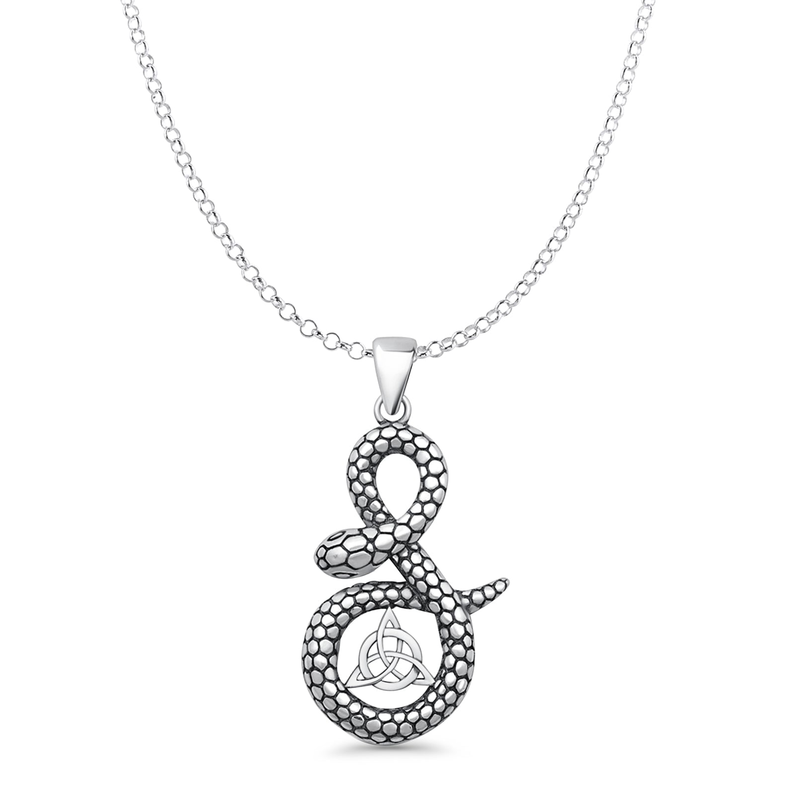 24" Long 1.8mm Rolo Chain- Snake & Triquetra Pendant Necklace Oxidized ...