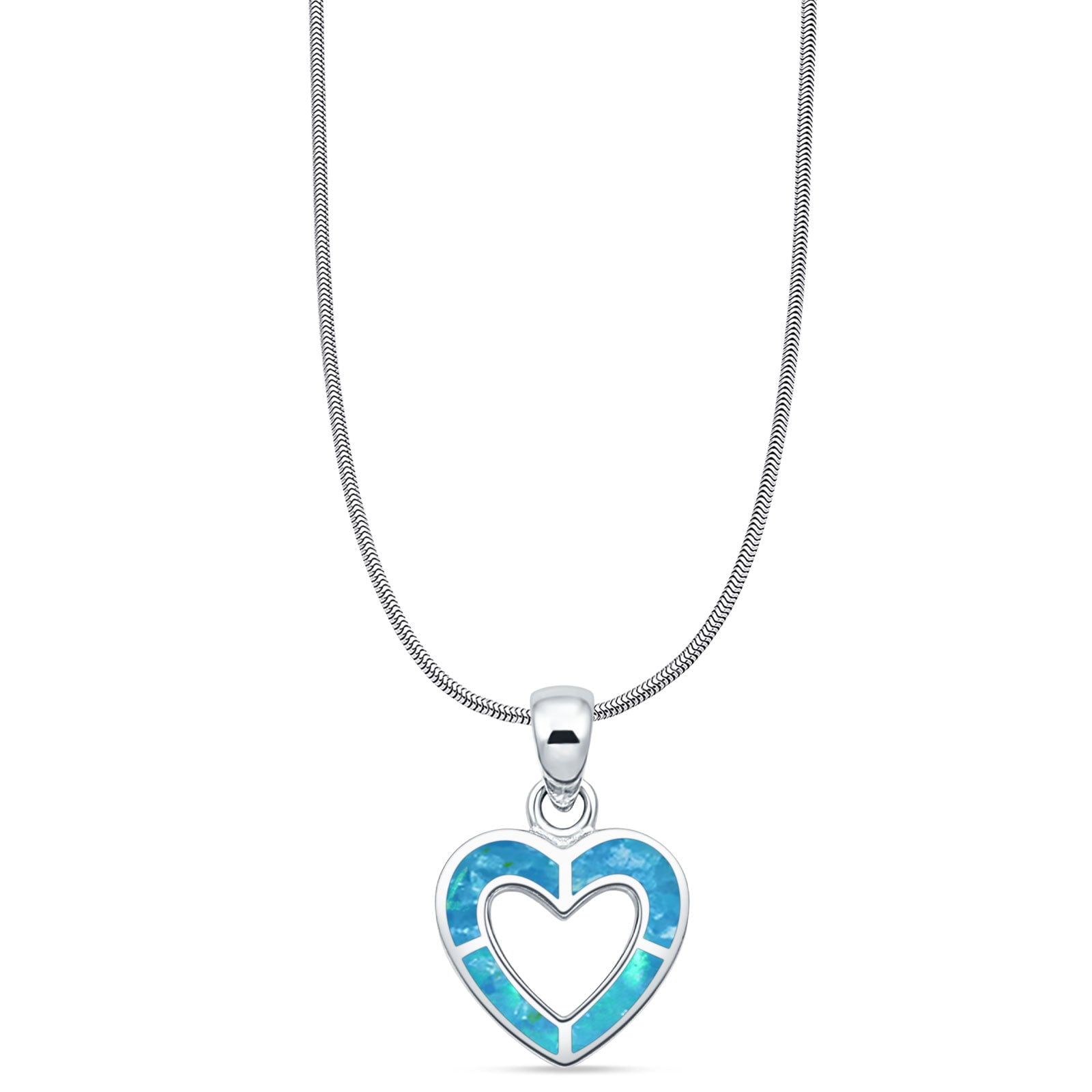 24" Long 1mm Snake Chain- Lab Created Blue Opal Heart Pendant Necklace ...