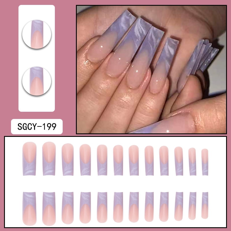 24 Long Coffins with Purple Flower Patterns ABS Full Gloss Fake Nails&1 ...