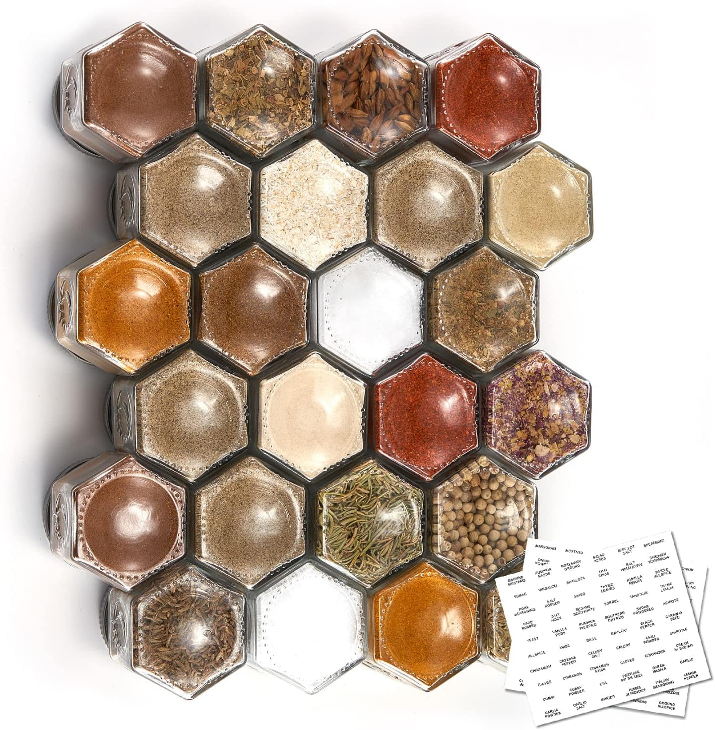 24 Magnetic Spice Jars for Refrigerator, Hexagon Glass Magnetic Spice ...