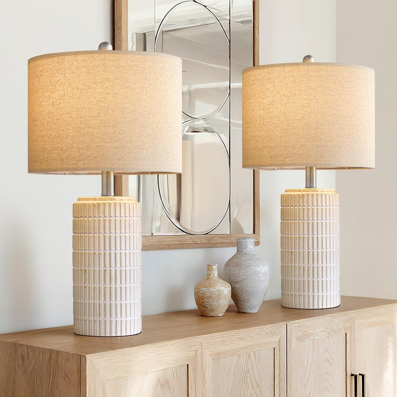 24'' Medium - Beige and White Ceramic Table Lamp Set of 2 for Bedroom ...