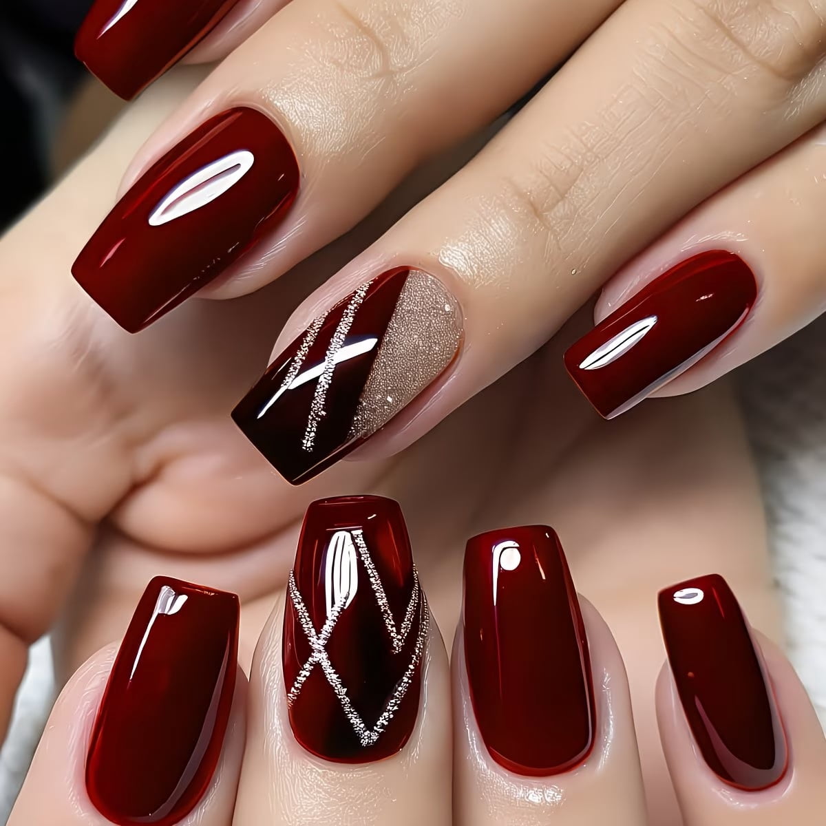 24 Medium-Length Press on Nails with Silver Glitter Lines - Perfect for ...