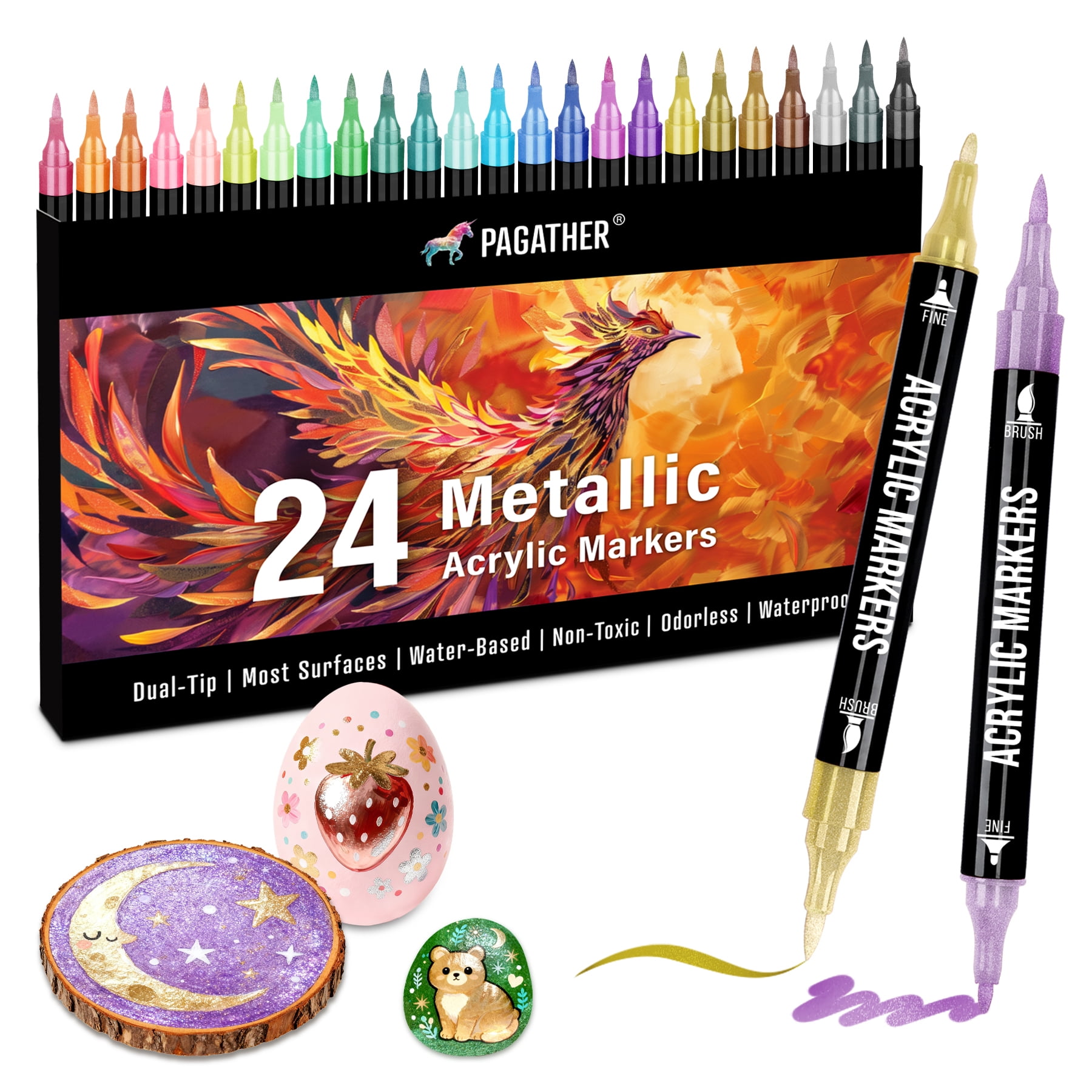 Pagather 24 Metallic Colors Acrylic Paint Markers, Dual Tip with Fine ...