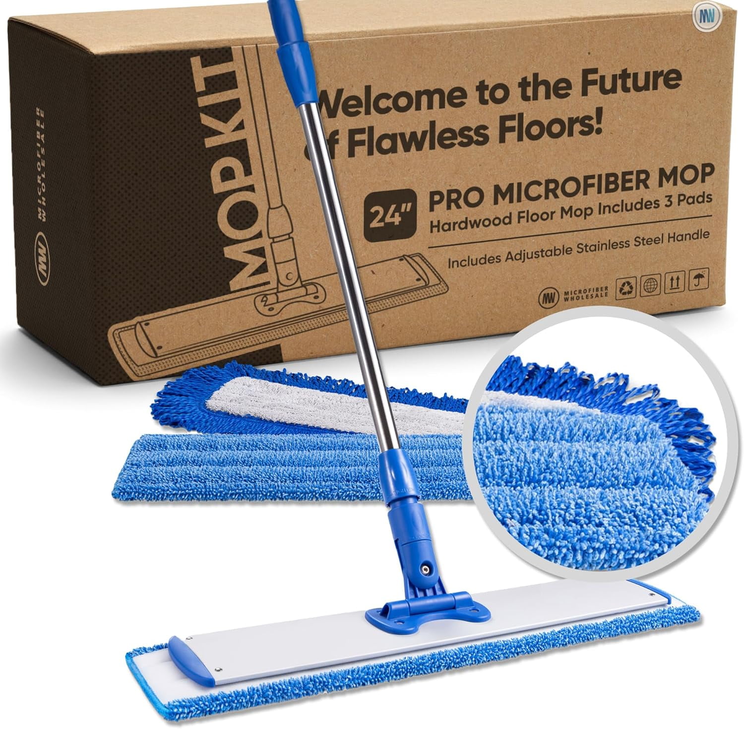 24" Microfiber Mop System - Clean & Dust Hardwood, Laminate, & Tile Floors, Reusable Mop Heads ...