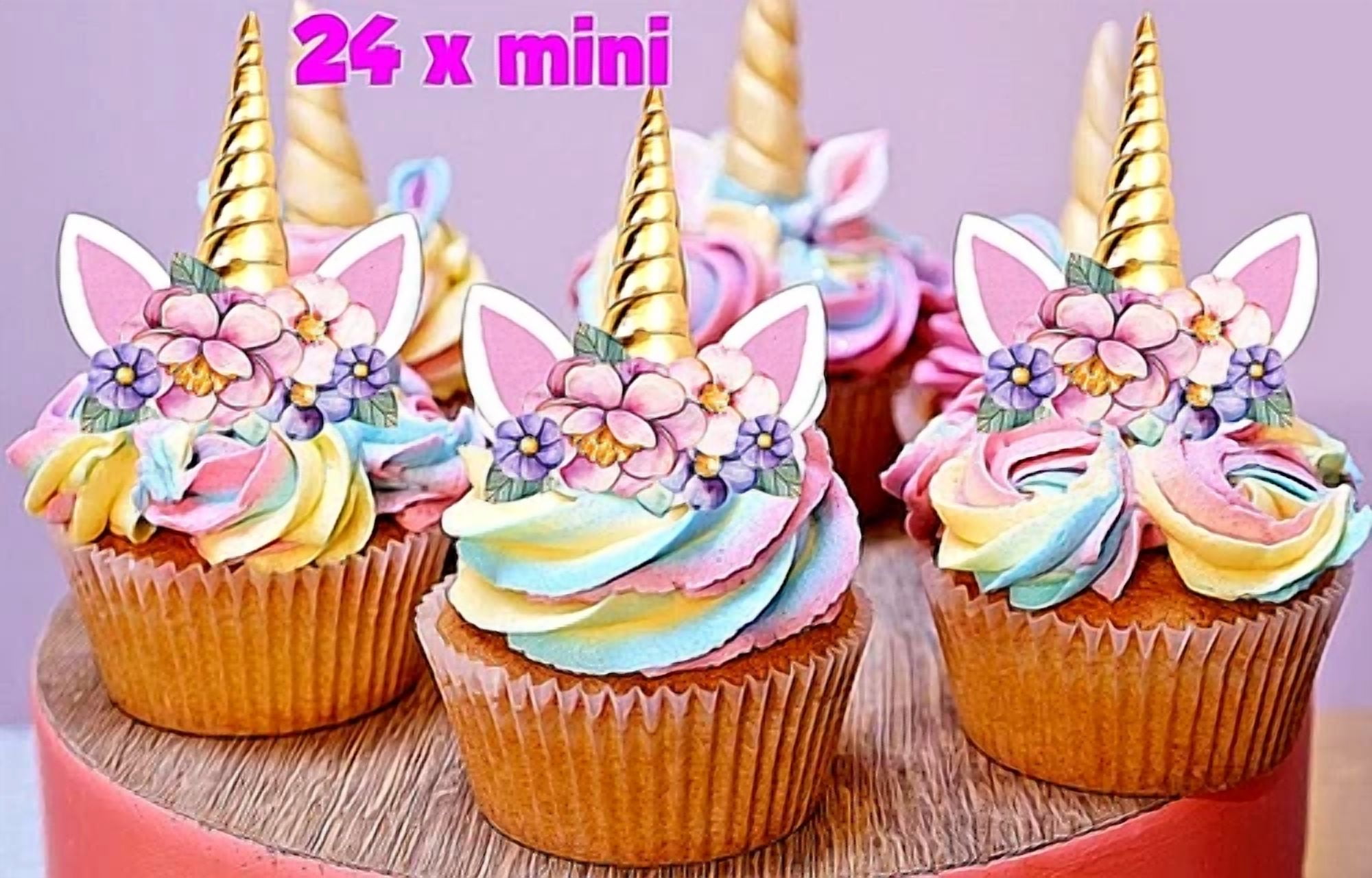 24 Mini Unicorn Horn Pink Flowers Edible Cupcake Cake Toppers ...