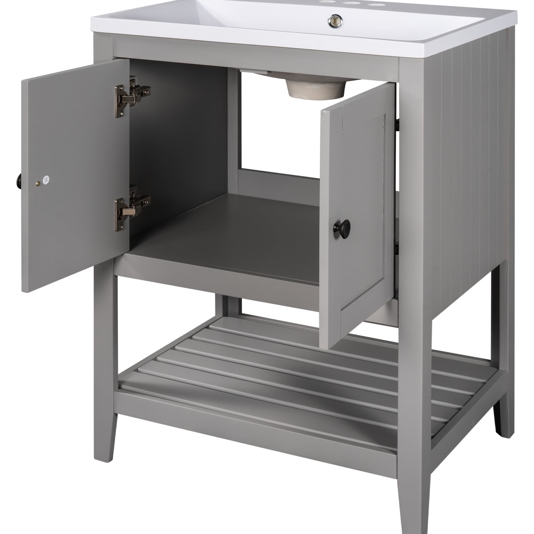 24" Modern Bathroom Cabinet In Grey - Ceramic Sink, Solid Wood ...