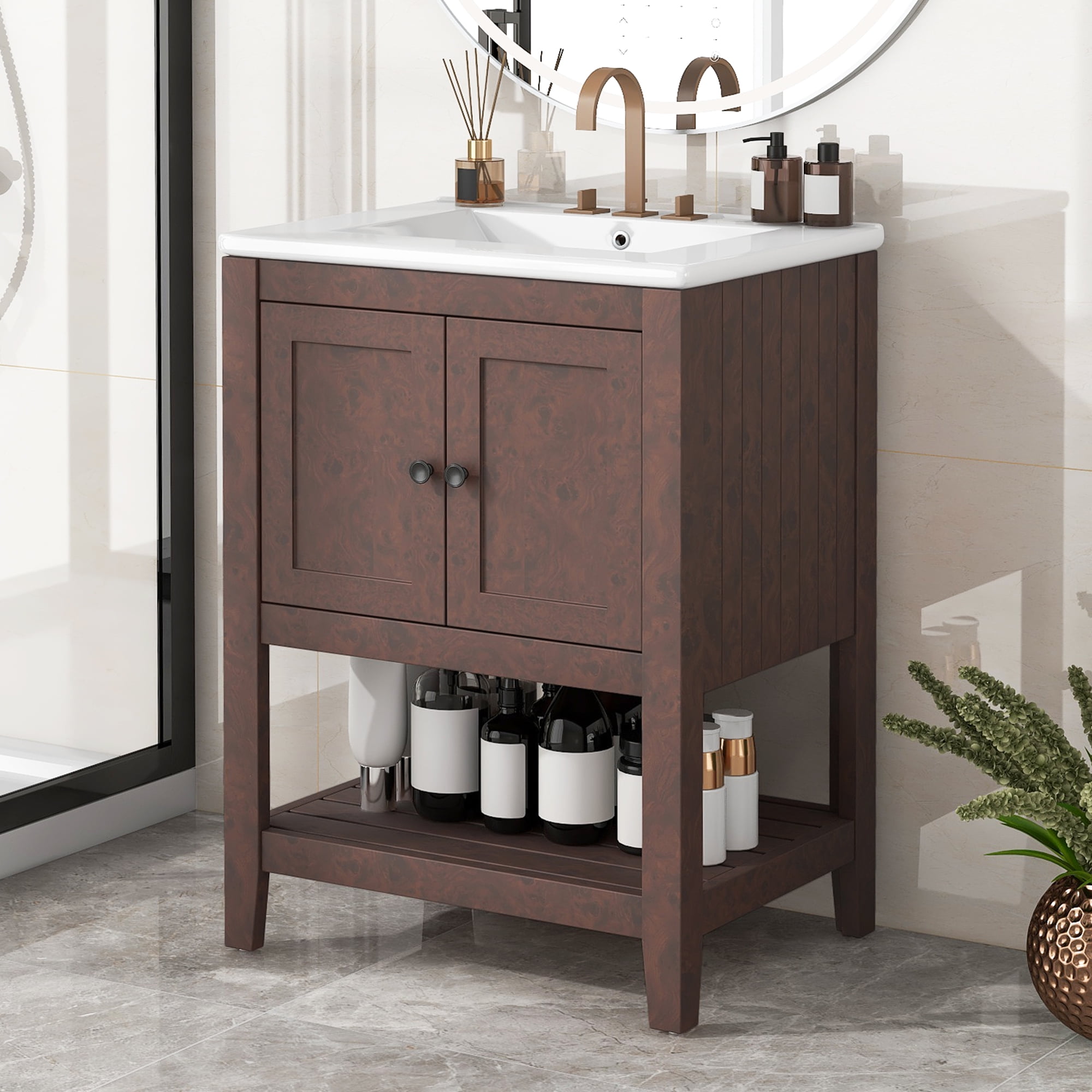 24" Modern Bathroom Vanity – Solid Wood Frame – Half-Moon Ceramic Sink ...