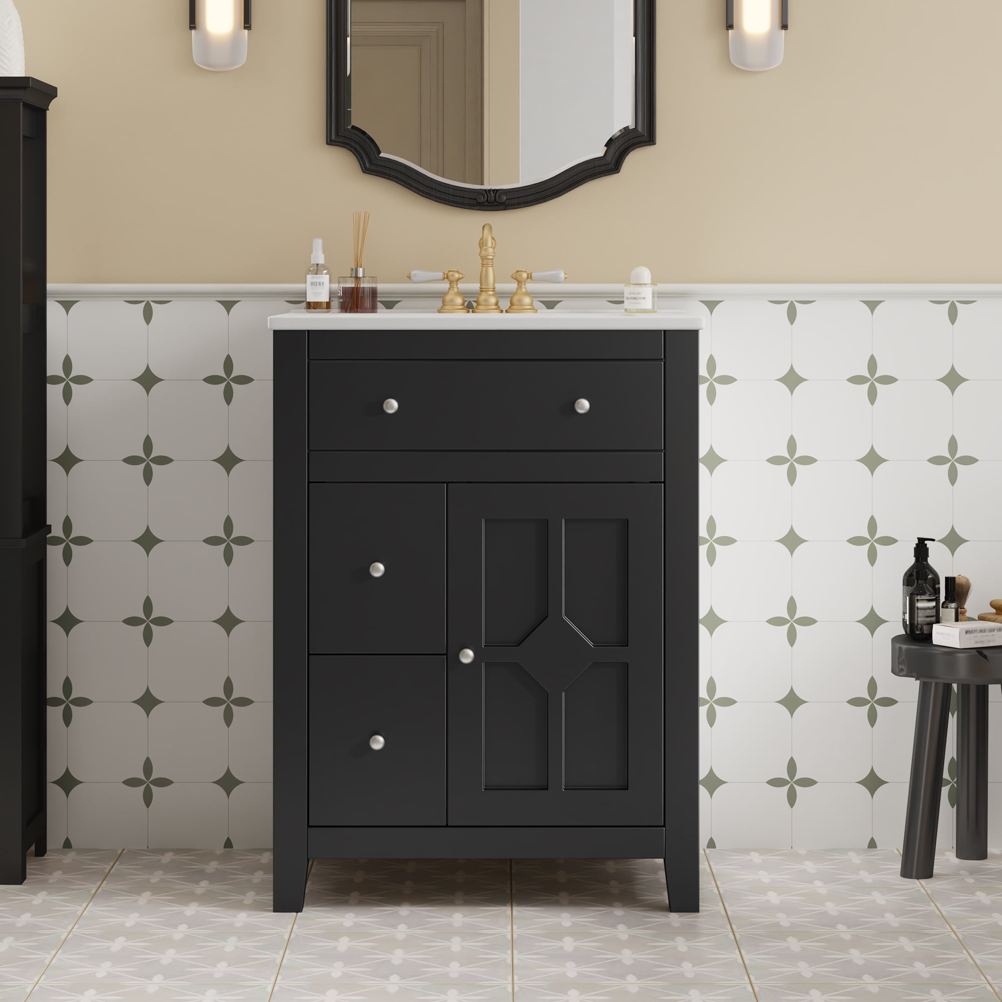 24"Modern Bathroom Vanity w/Ceramic Basin,Restroom Basin Cabinet w/2 ...
