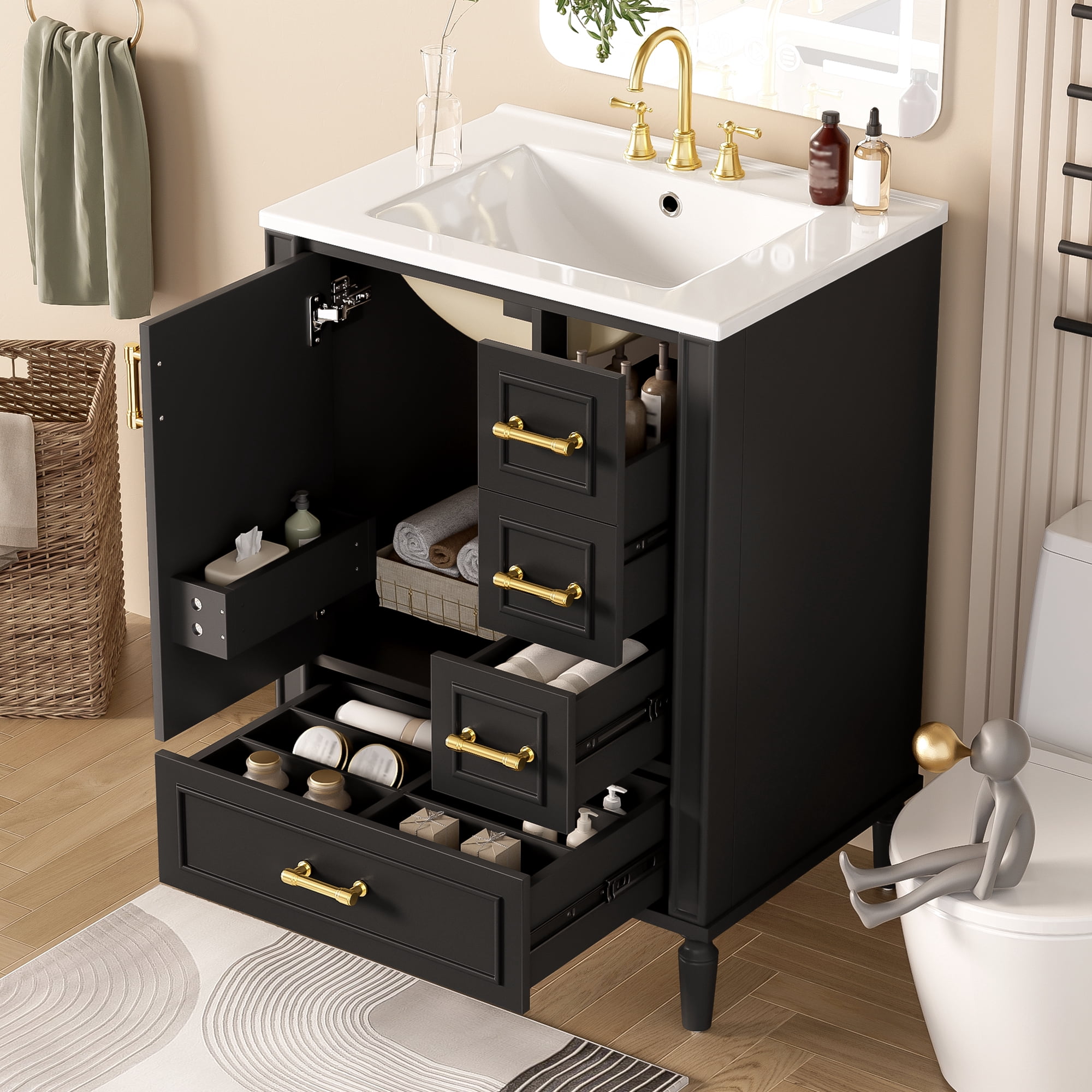24" Modern Bathroom Vanity with Ceramic Sink, Soft-Close Door, 3 ...