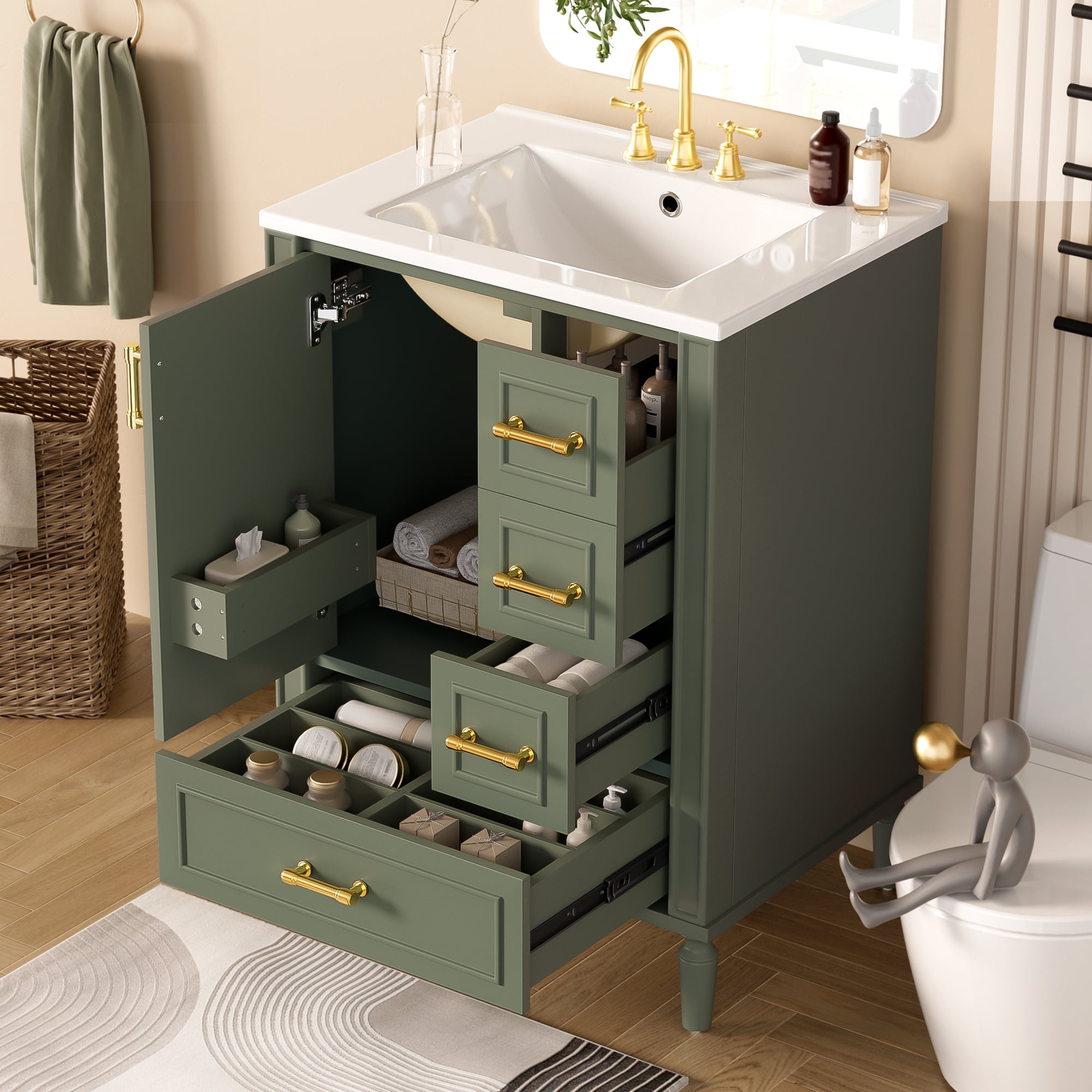 24" Modern Bathroom Vanity with Ceramic Sink, Soft-Close Door, 3 ...