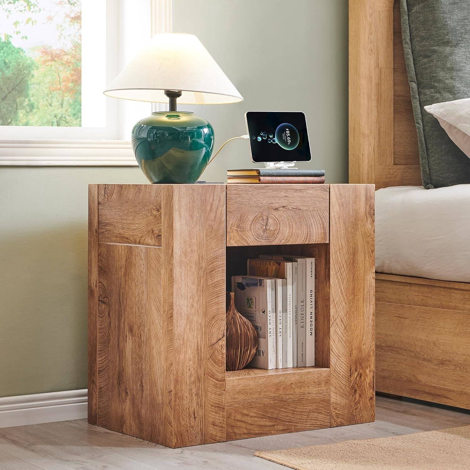 24" Modern Nightstand with Charging Station, Wood Bedside Table with ...