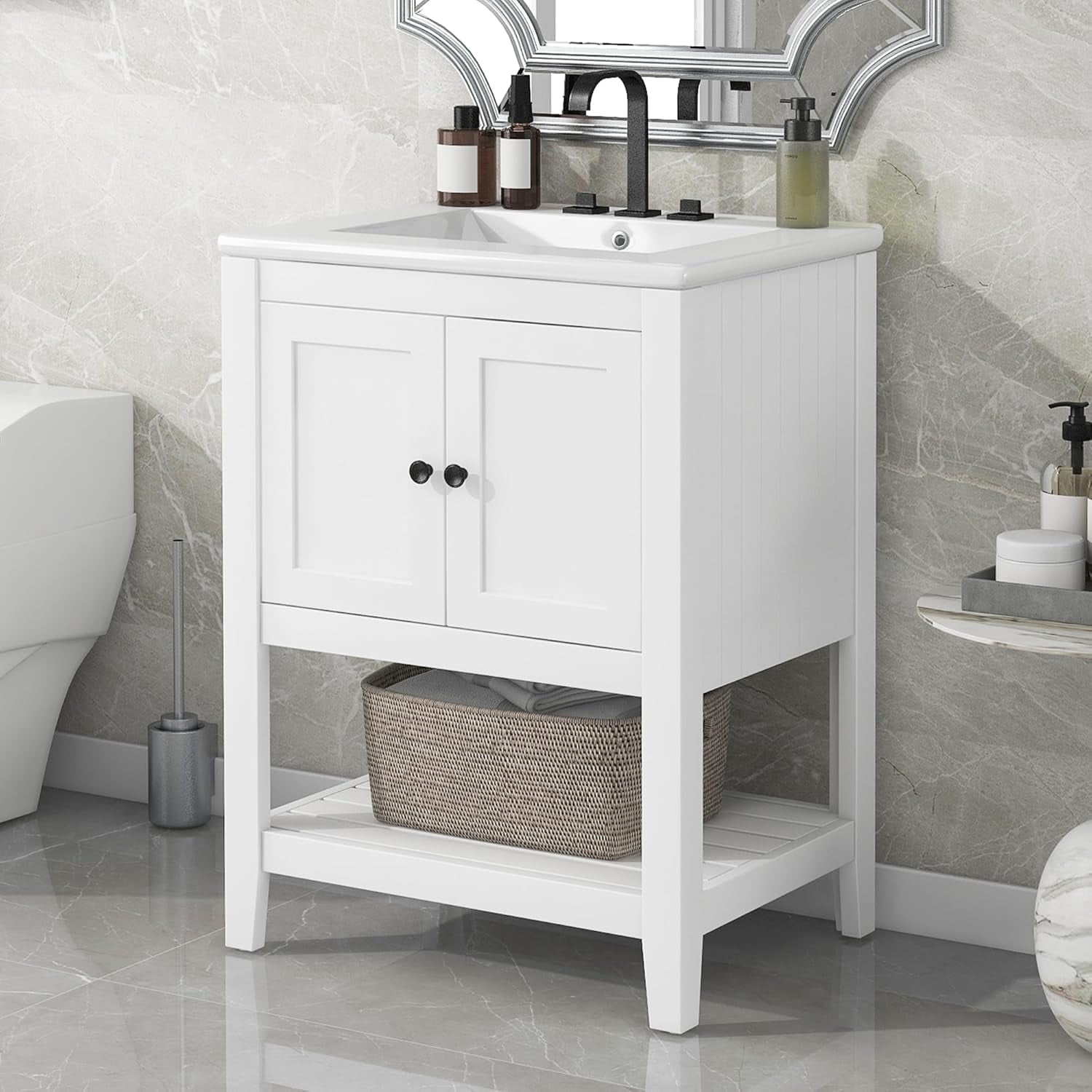 24" Modern Sleek Bathroom Vanity with Sink, Single Small Storage ...