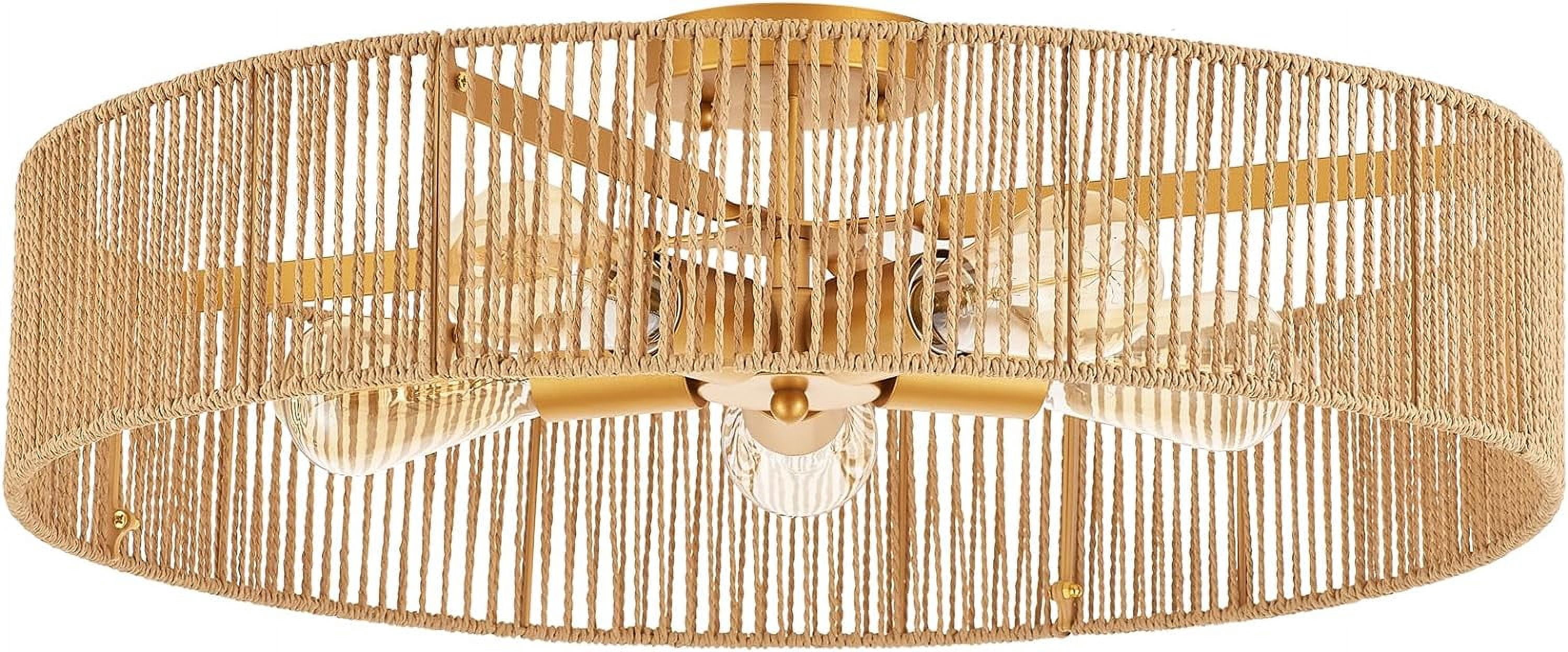 24" Natural Rattan Flush Mount Ceiling Light Fixture Antique Brass ...