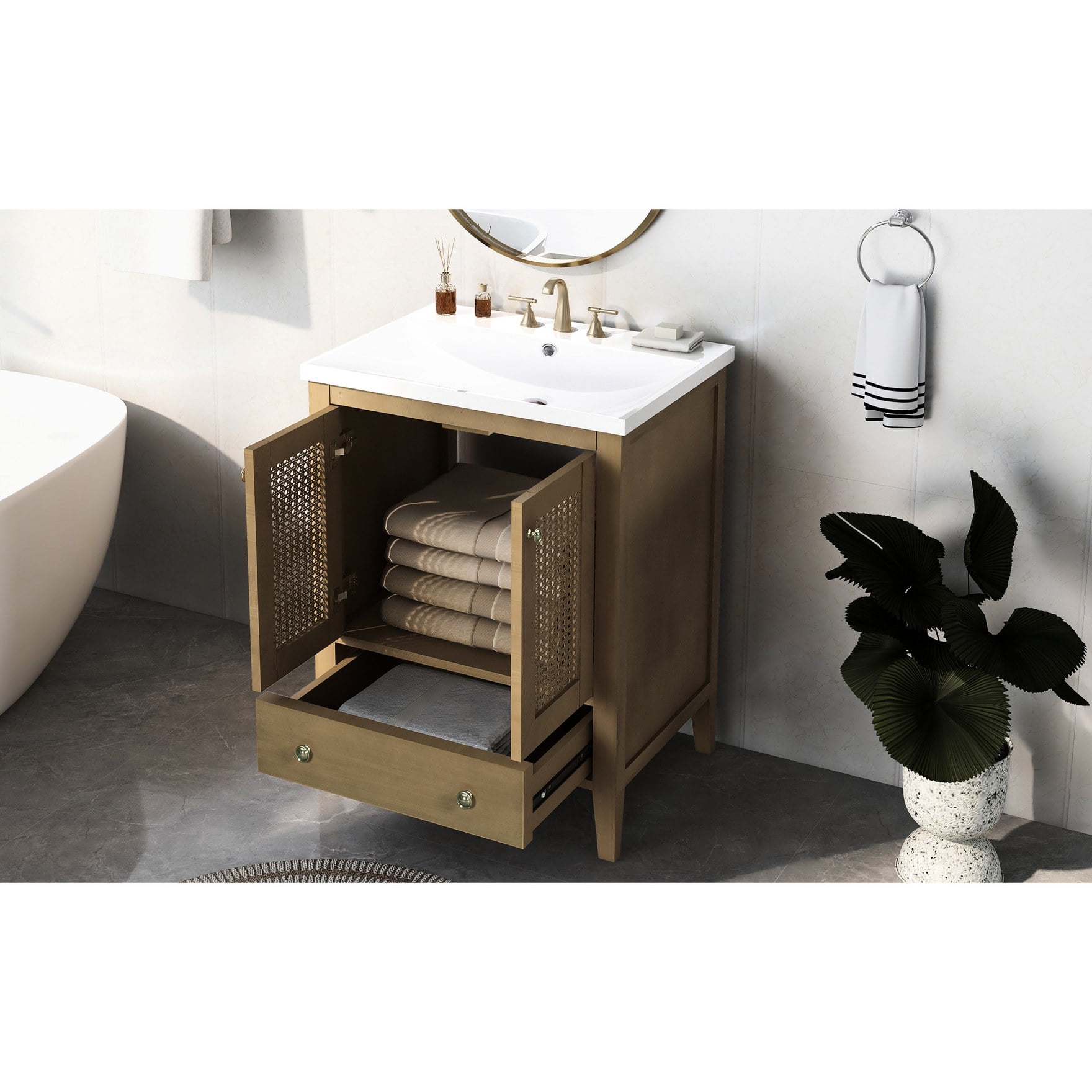 24" Natural Wood Color, Simple Lines - Space - saving Basin Design ...