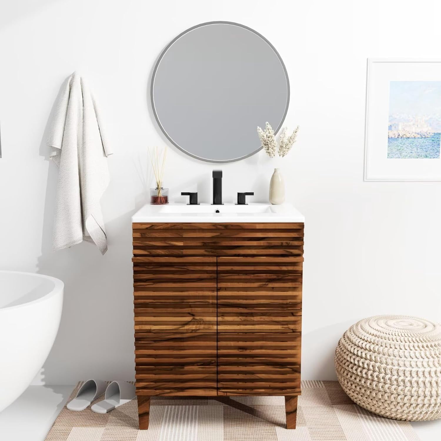 24" Nature Acacia Wood Bathroom Vanity with Integrated Ceramic Sink and ...