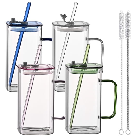 24 OZ Square Glass Tumbler with Lid and Straw, High Borosilicate Glass ...
