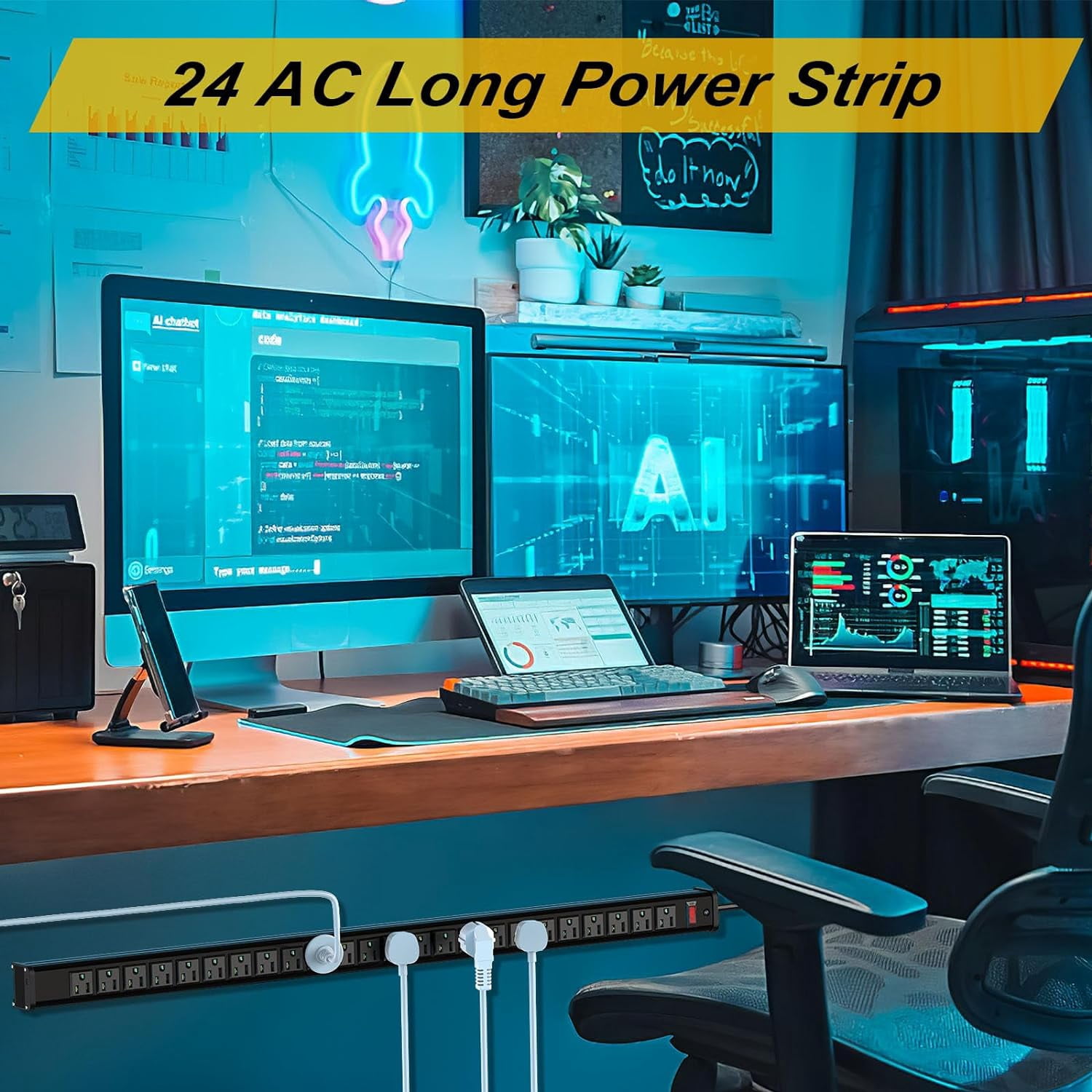 24 Outlet Long Power Strip, Heavy Duty Metal Power Strip with 10 ft ...