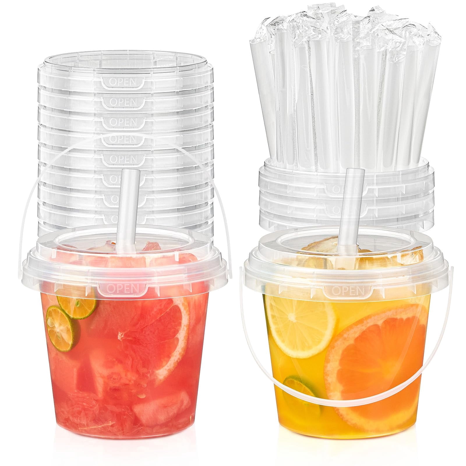 24 Oz Clear Plastic Drink Buckets with 15 Buckets+ 15 Lids + 15 Straws ...