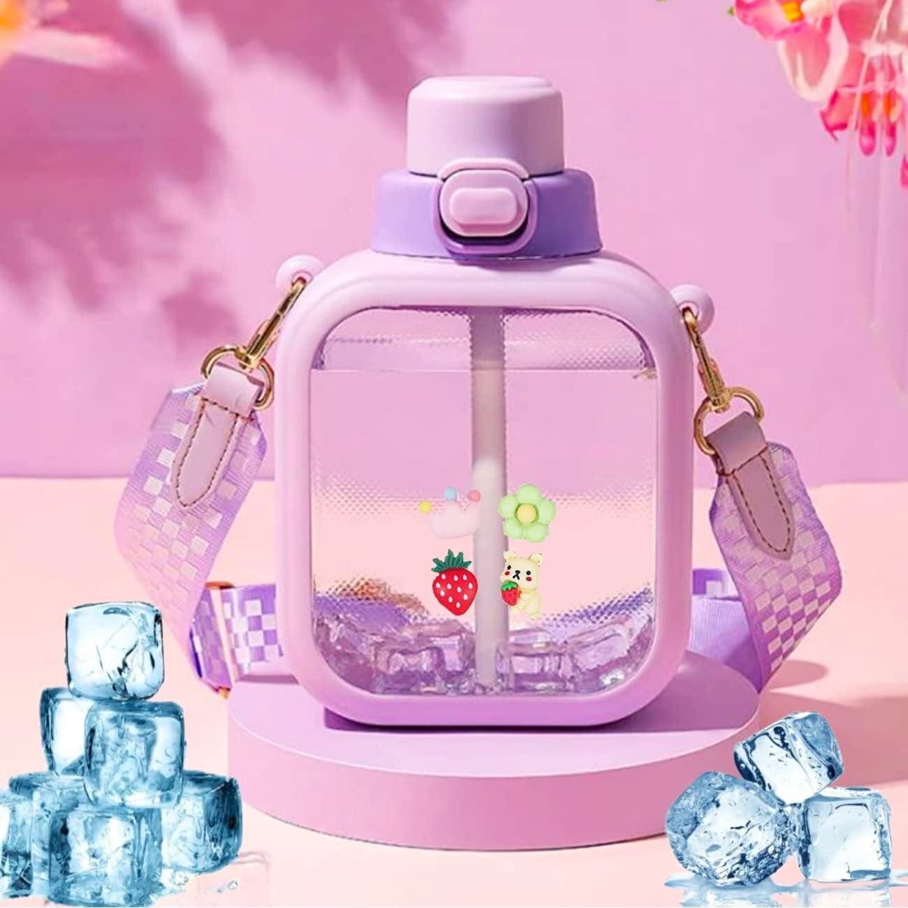 24 Oz Cute Clear Water Bottle Cold Chil Icel with Straw Portable Kawaii ...