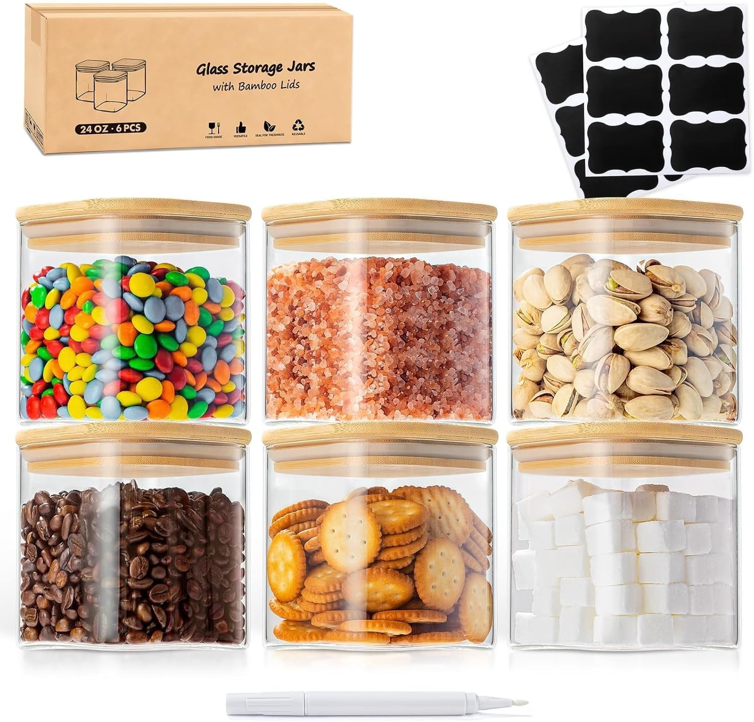 24 Oz Glass Storage Jars with - 6 Pack Clear Glass Canisters Square ...