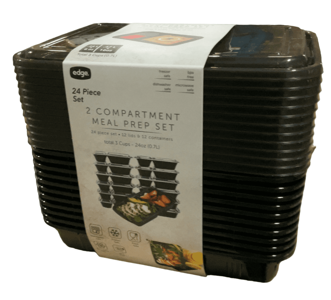 24 PC 2 Section Rectangle Meal Prep Set (12 trays and 12 Lids) Black ...