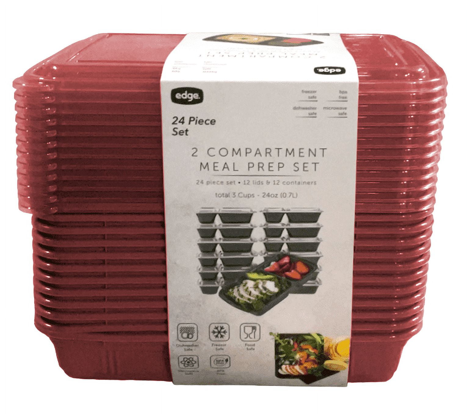 24 PC 2 Section Rectangle Meal Prep Set (12 trays and 12 Lids) Red ...