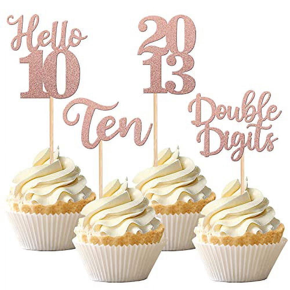24 PCS 10th Birthday Cupcake Toppers Glitter Hello 10 Double Digits Ten ...
