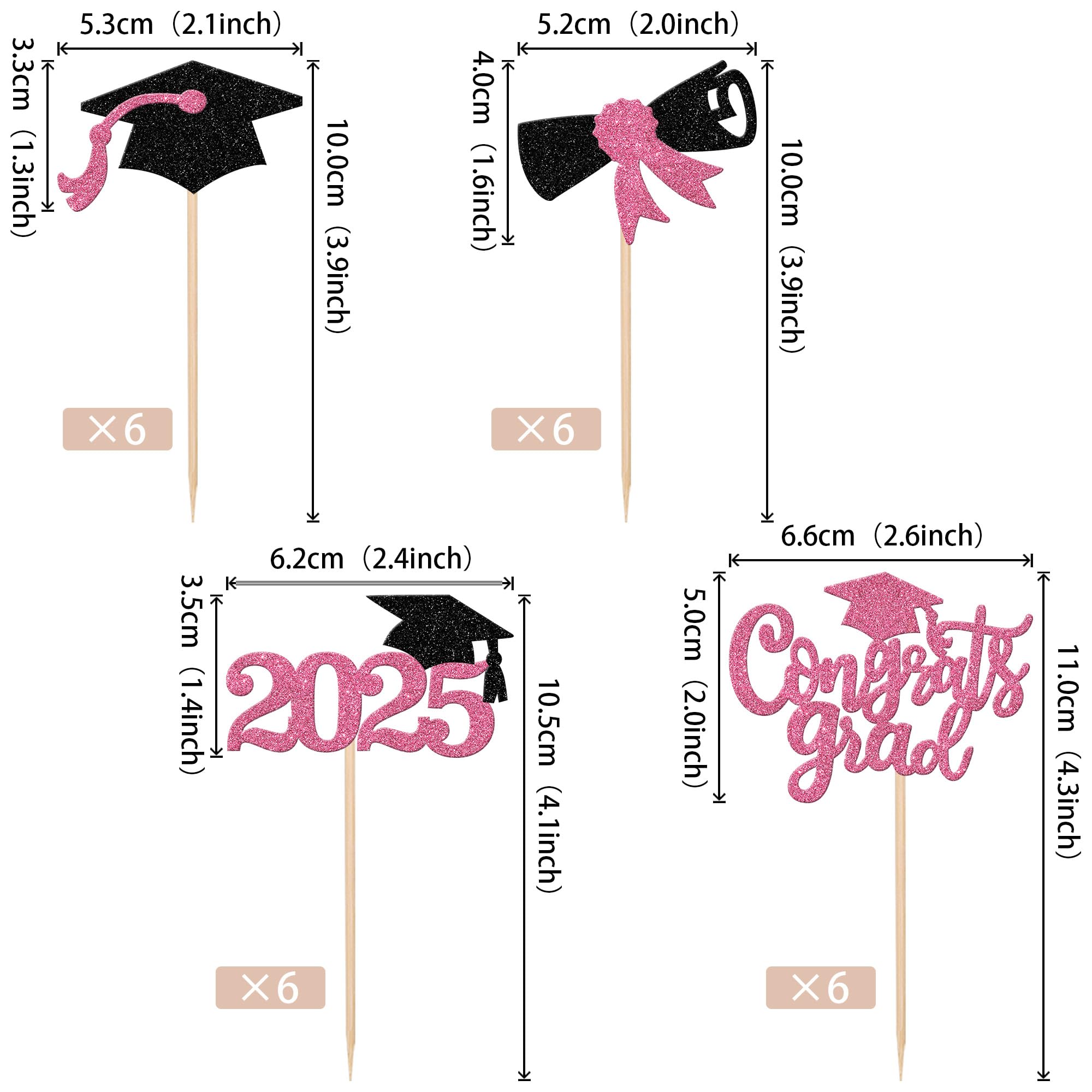24 PCS 2025 AJH3 Graduation Cupcake Toppers Glitter Contrats Grad ...