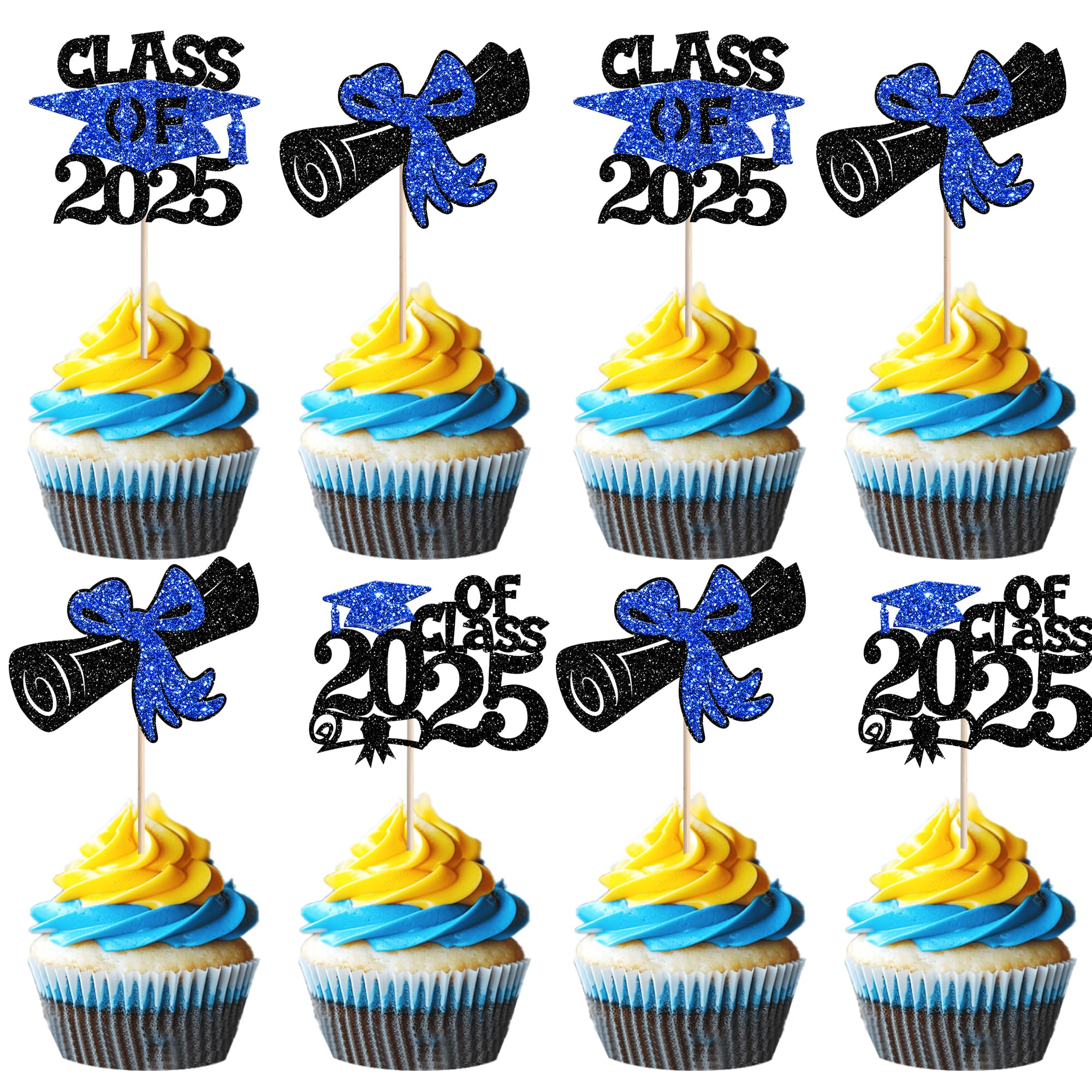 24 PCS 2025 Graduation Theme Cupcake ITL1 Toppers Glitter Congrats Grad ...
