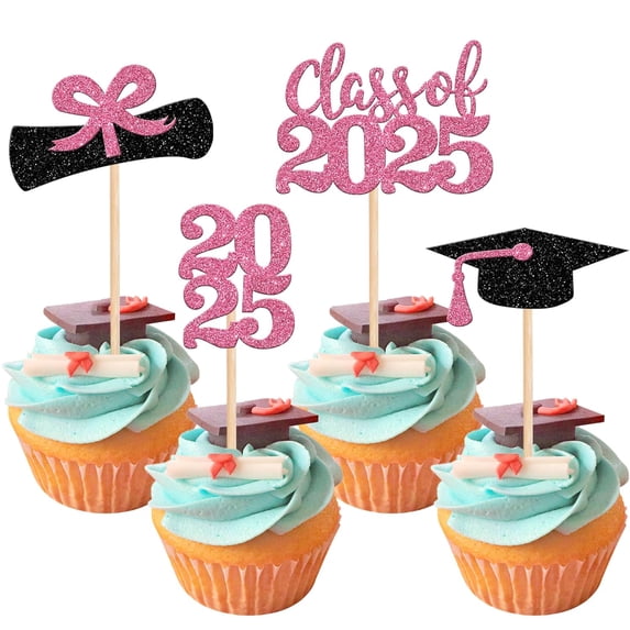 24 PCS 2025 Graduation Theme Cupcake Toppers Glitter Class of 2025 ...
