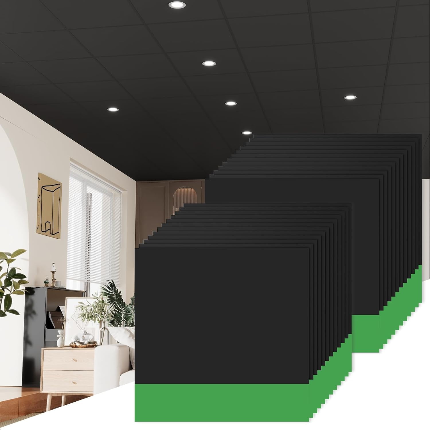 24 PCS 24 x 24 Inch Black Drop Ceiling Tiles, 2 x 2FT PVC Smooth ...